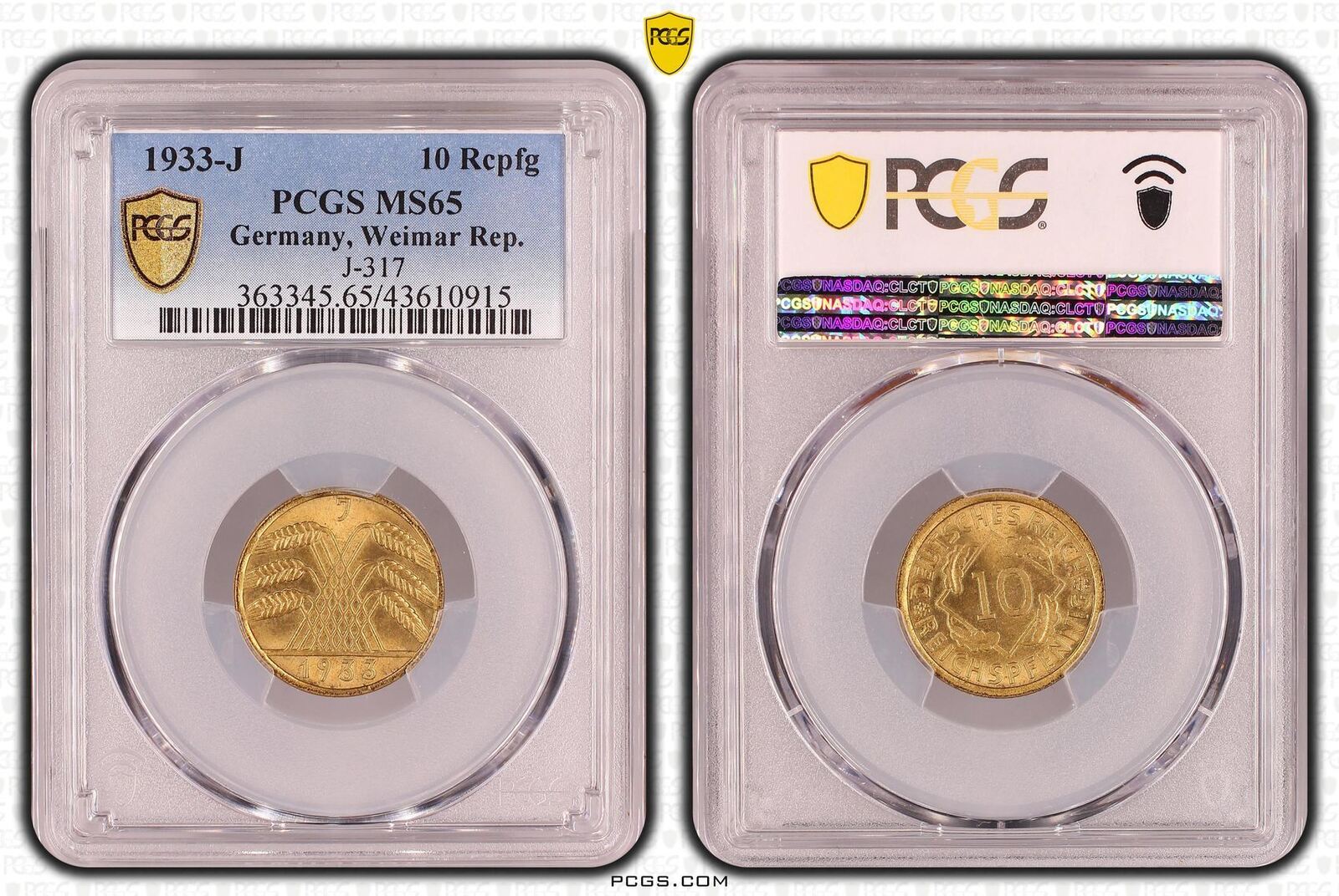 Germany, Weimar Rep. 10 Reichspfennig 1933-J WEIMAR 10 Pfennig J.317 1933 J PCGS zertifiziert ...