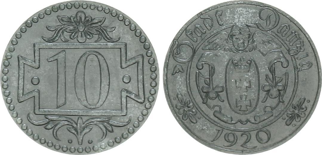 Polen / Danzig Danzig 10 Pfennig 1920 kleine Wertzahl, vz-St vorzüglich-Stempelglanz, Zinkpatina ...