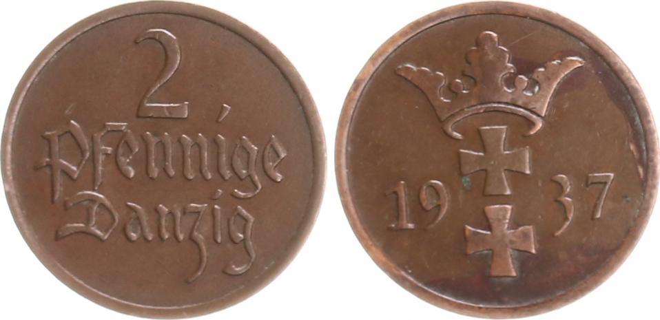 Polen / Danzig 2 Pfennig 1937 besseres Jahr, Auflage nur 500.000 Stück ...