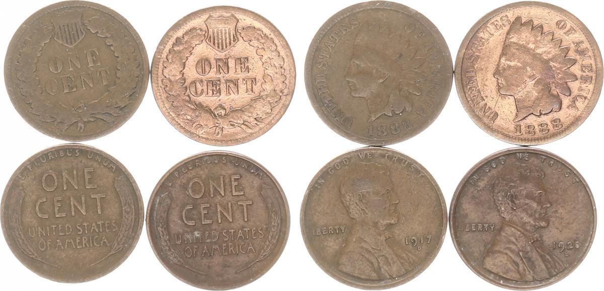 1883,89,1917,20 USA 4x 1 Cent Indian Head und Lincoln Wheat 1883-1920 ...