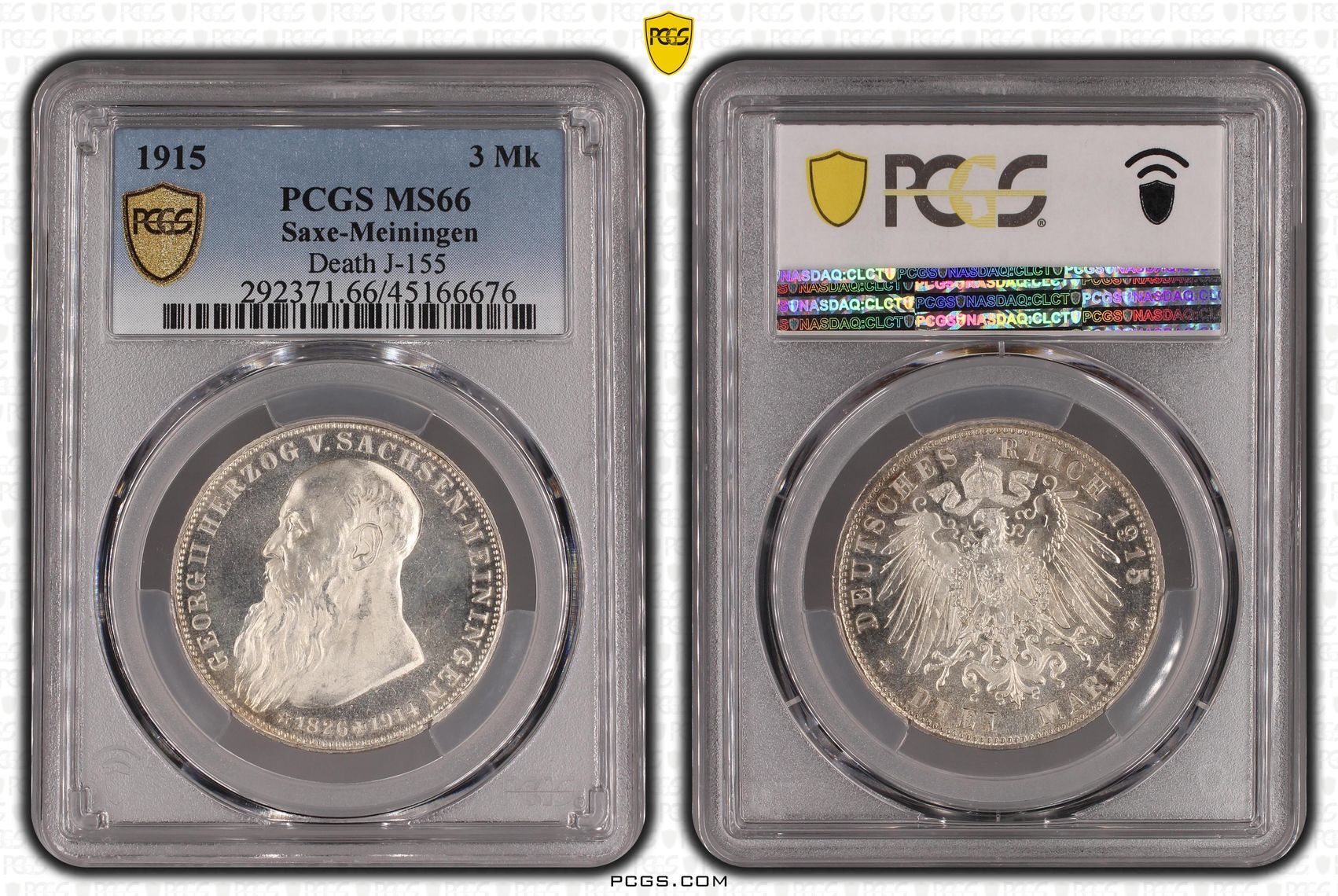 Saxe-Meiningen Sachsen-Meiningen 3 Mark 1915 auf den Tod Georg II. Stempelglanz PCGS MS66 | MA-Shops