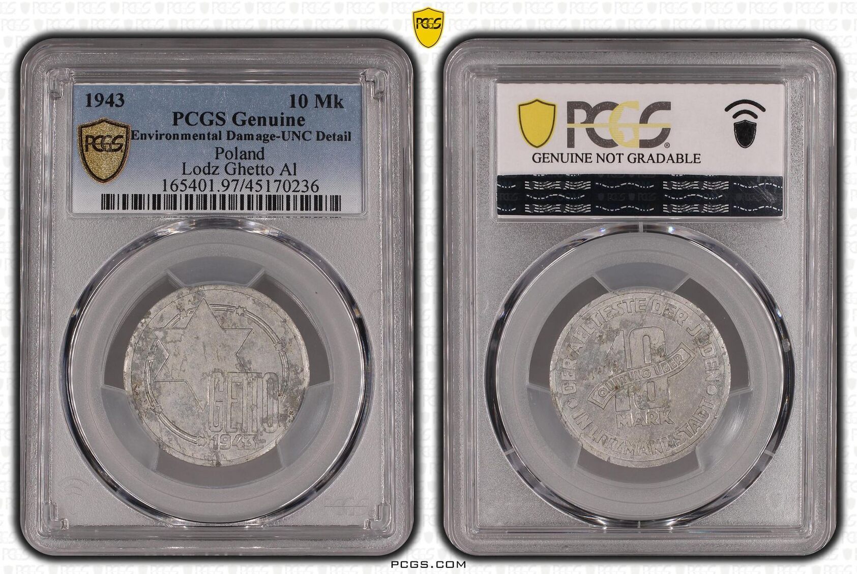 Poland 1943 Getto Litzmannstadt 10 Mark Münze Aluminium mit Echtheitszertifikat PCGS Genuine ...