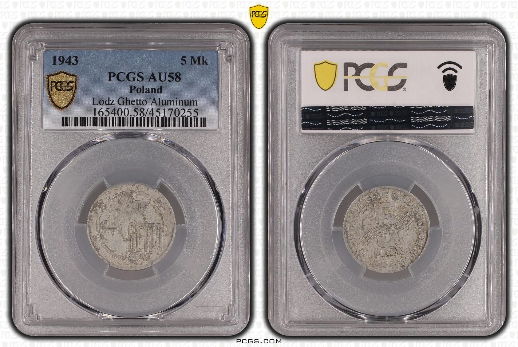 Poland 1943 Getto Litzmannstadt 5 Mark Münze Aluminium mit Echtheitszertifikat PCGS AU58 | MA-Shops