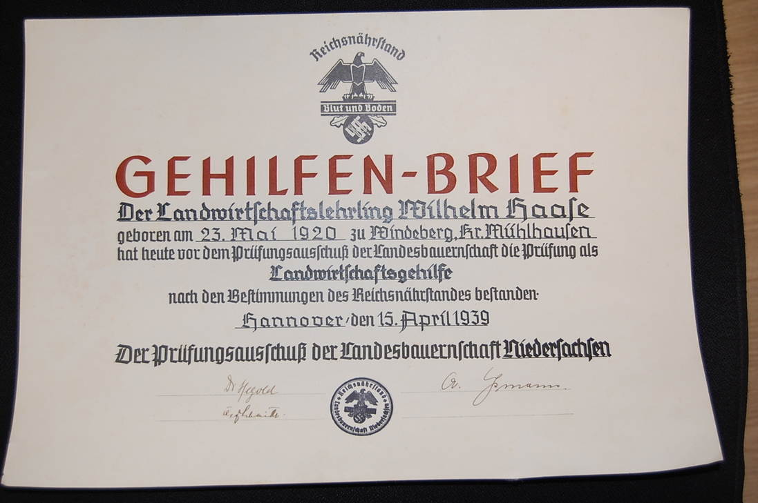 1935 3. Reich Gehilfen-Brief Landwirtschaftsgehilfe Wilhelm Haase ...