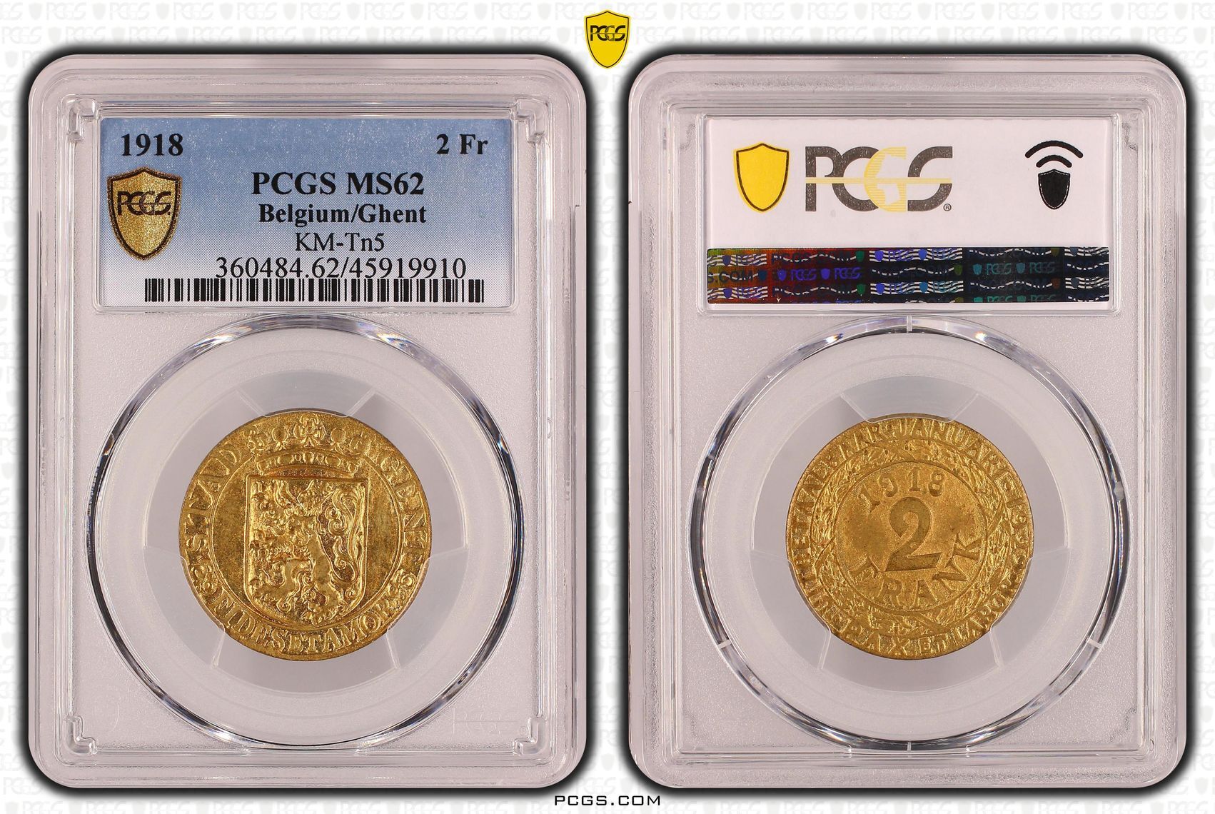 Belgien - Gent 2 Francs 2 Frank offizielles Notgeld 2 Franken 1918 vergoldet - zertifiziert PCGS ...