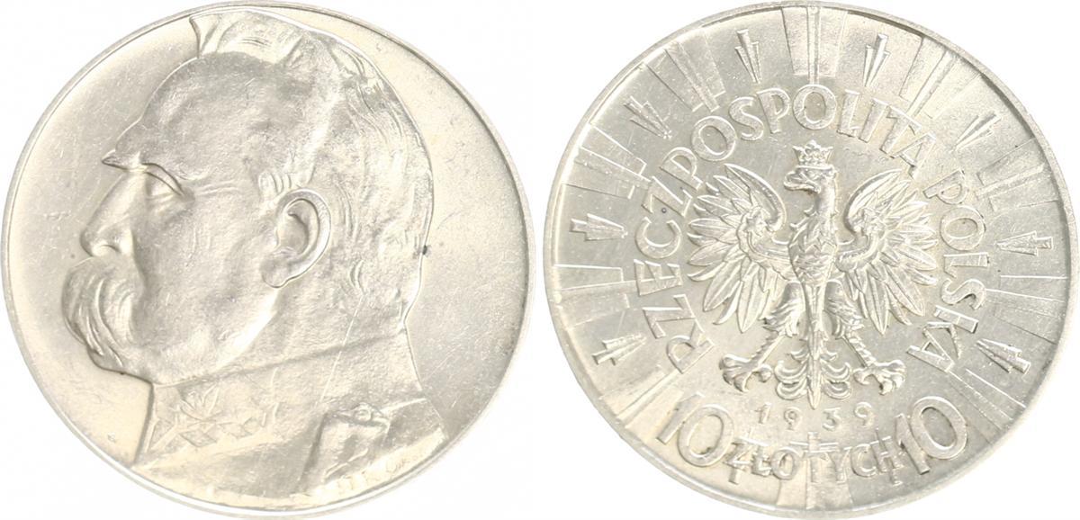 Polen 10 Zloty, Josef Pilsudski, 1939 vz-st | MA-Shops