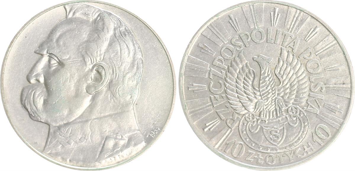 Polen 10 Zloty, Josef Pilsudski, 1934 ss-vz sehr schön-vorzüglich | MA-Shops
