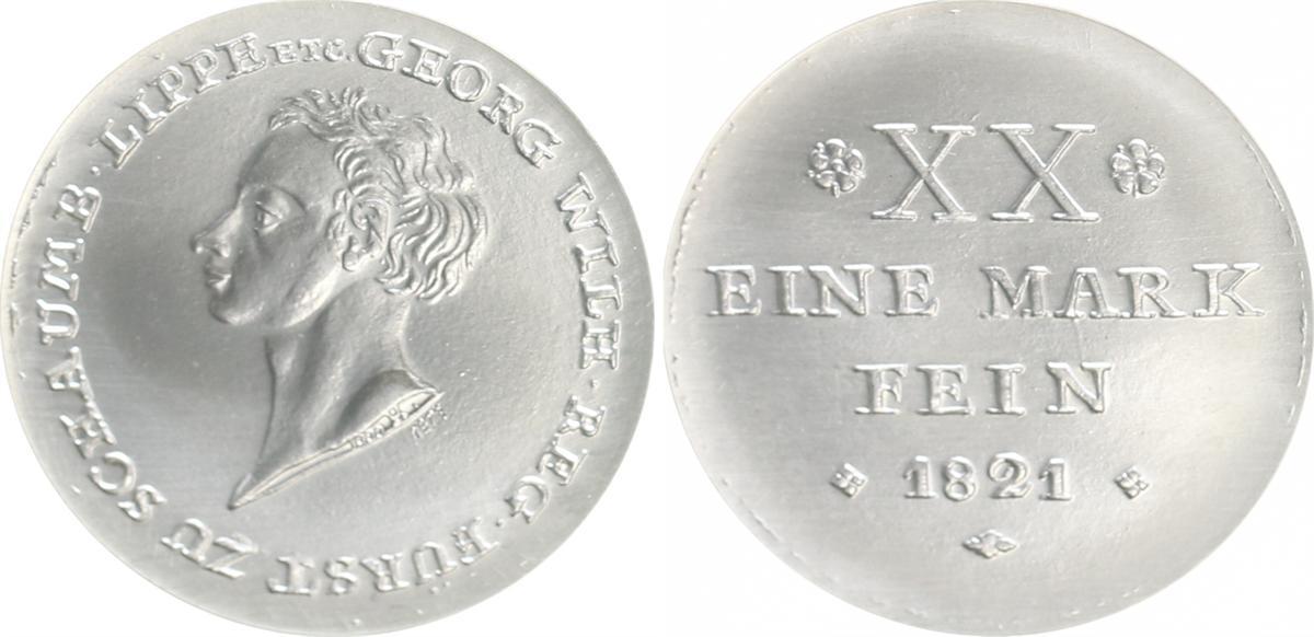 Schaumburg-Lippe Nachprägung XX Eine Mark Fein (1821/1975) Nachprägung ...