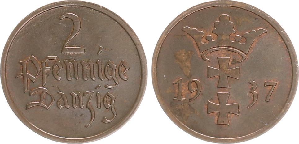 Polen / Danzig 2 Pfennig 1937 besseres Jahr, Auflage nur 500.000 Stück ...