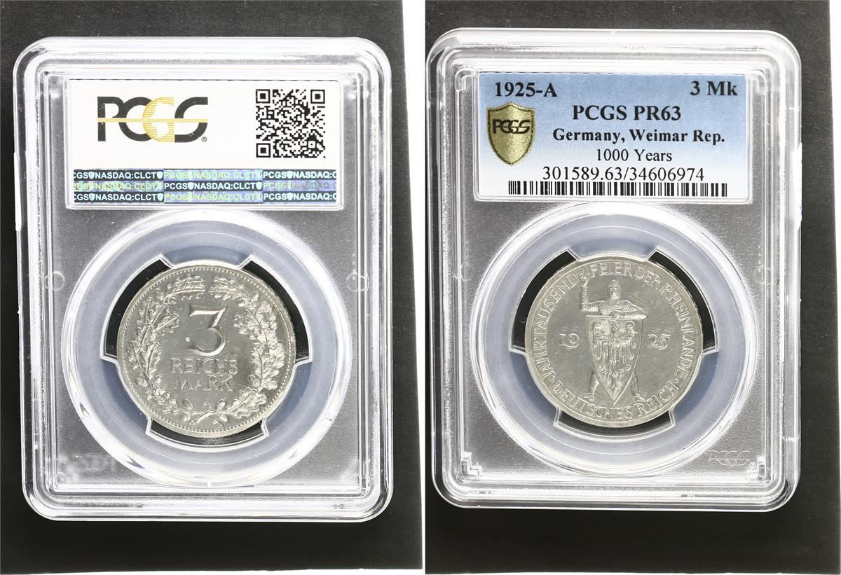 Deutschland / WEIMAR WEIMAR Rheinlande 3 Mark J.321 1925 A PP PCGS ...