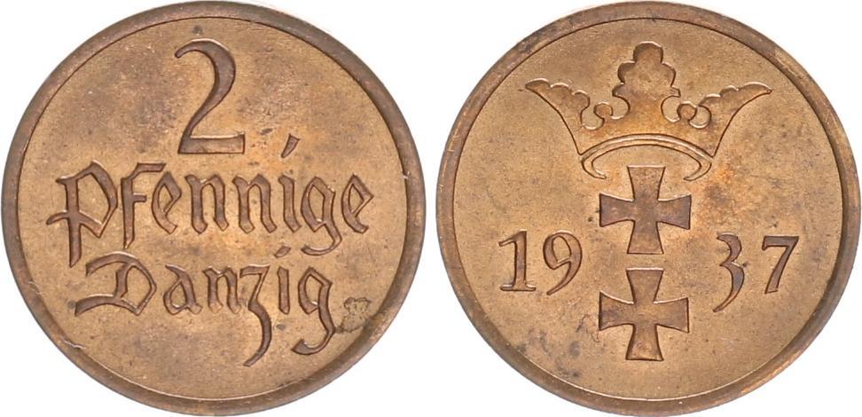 Polen / Danzig 2 Pfennig 1937 prägefrisch-stempelglanz | MA-Shops