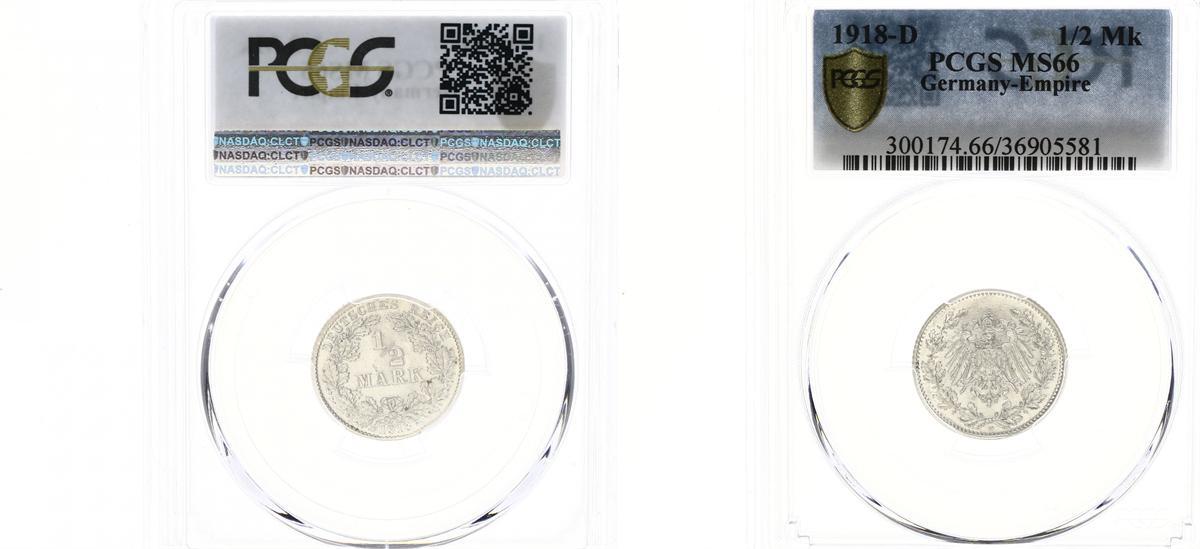 Germany-Empire 1/2 Mk 1918-D 1/2 Mark Silber J.16 1918 D prägefrisch-stempelglanz PCGS ...