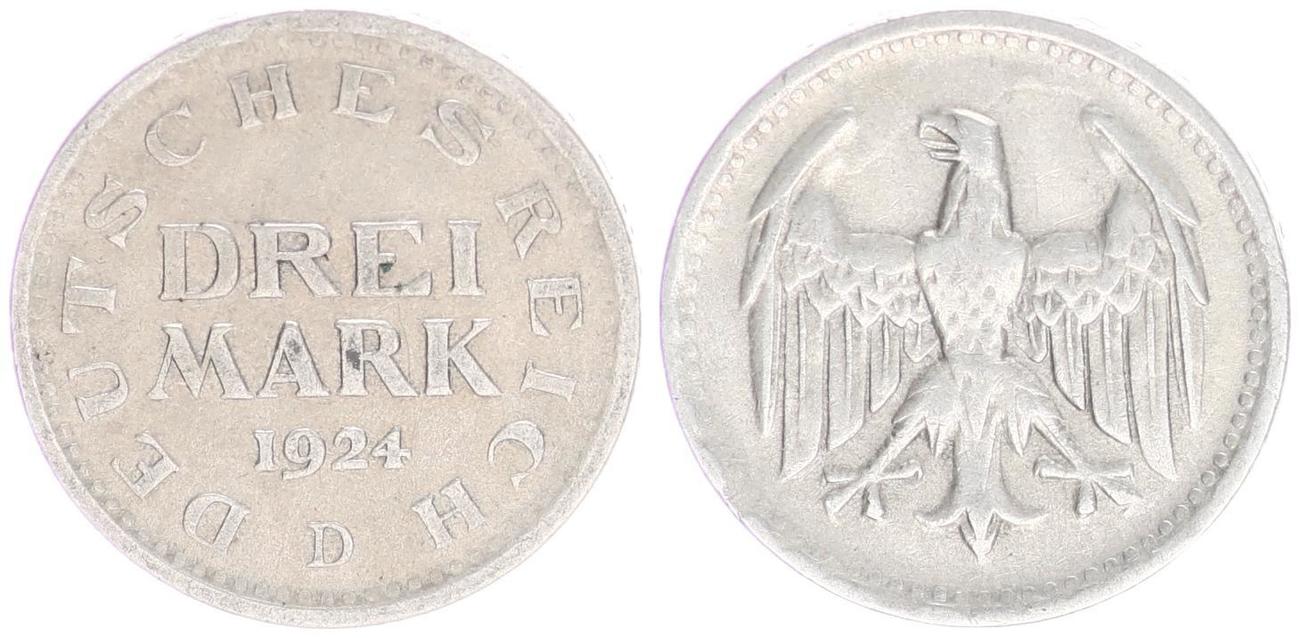 Deutschland / WEIMAR WEIMAR 3 Mark 1924D ss+ | MA-Shops