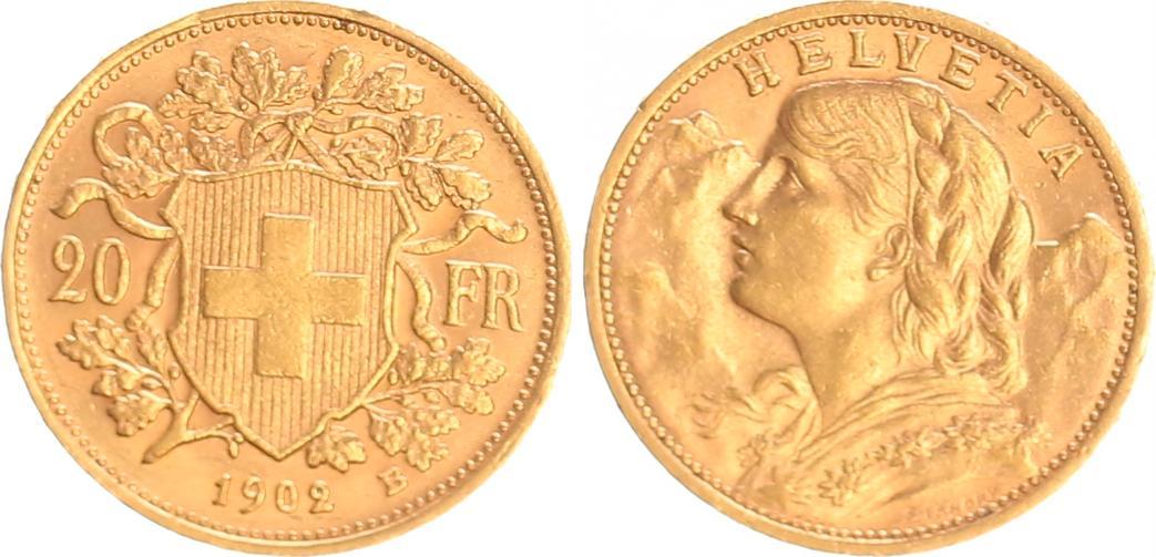 Schweiz Vreneli 20 Franken Gold 1902 B vz-st | MA-Shops