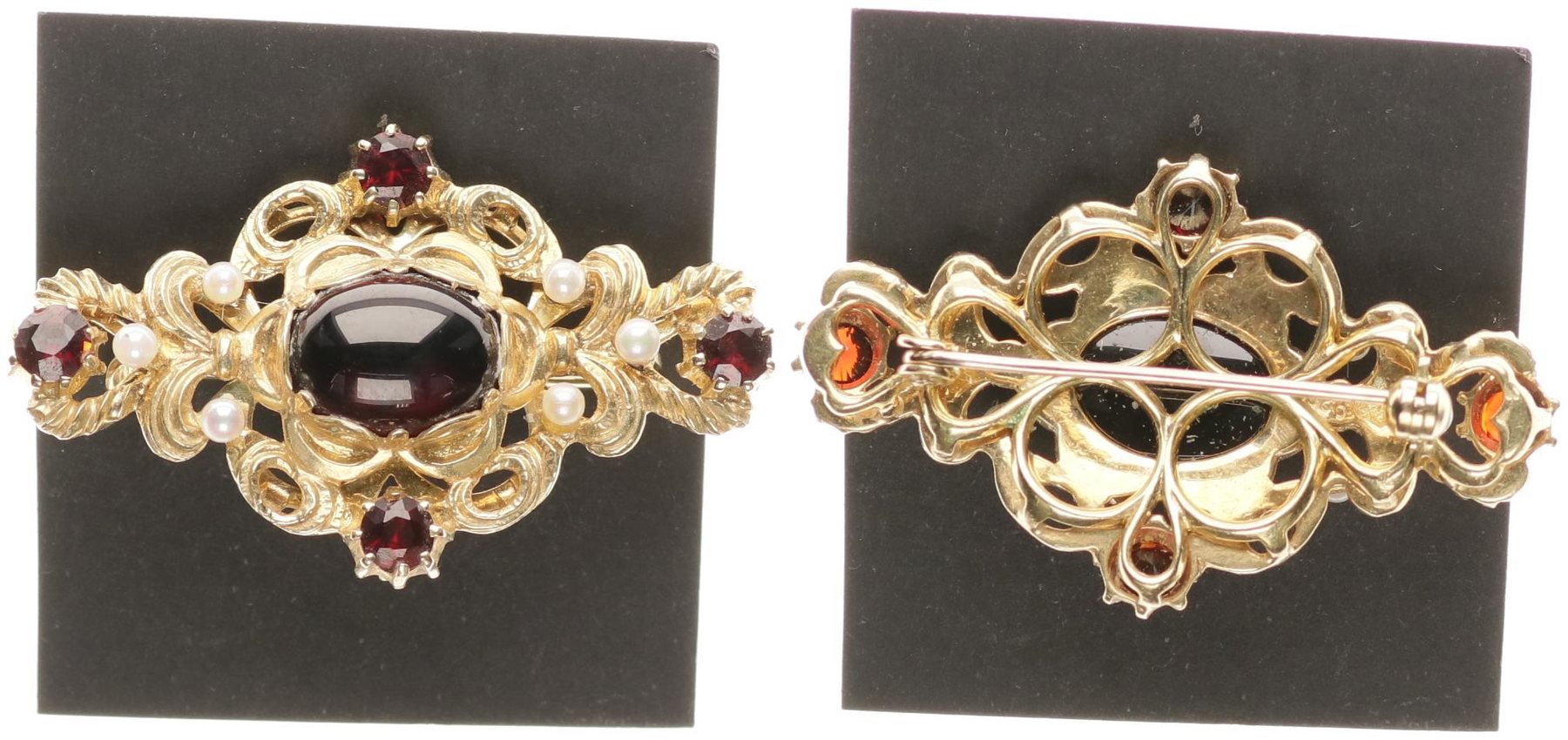 Brosche gold 585, mit Perlen und Granat, 10,3g, ca. 4,5cm groß | MA-Shops