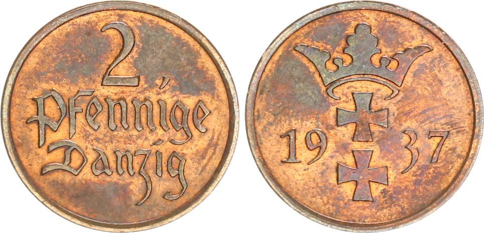 Polen / Danzig 2 Pfennig 1937 besseres Jahr, Auflage nur 500.000 Stück ...