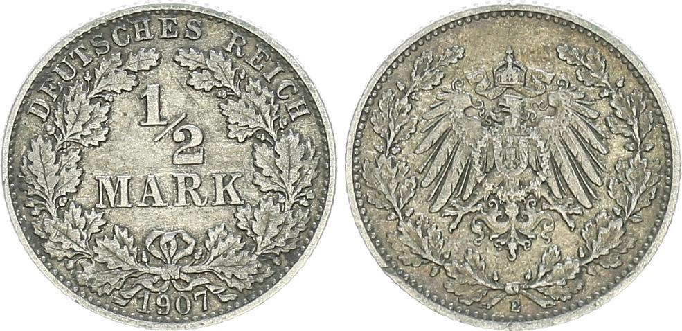 Kaiserreich Deutschland Deutsches Kaiserreich, 1/2 Mark Silber 1907 E ss+ | MA-Shops
