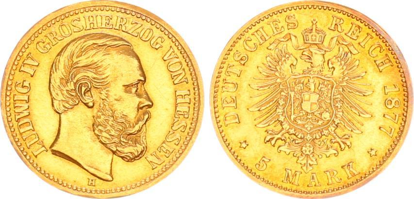 Hessen - Deutsches Kaiserreich Hessen 5 Mark 1877 H Ludwig IV Gold - selten f.vz | MA-Shops