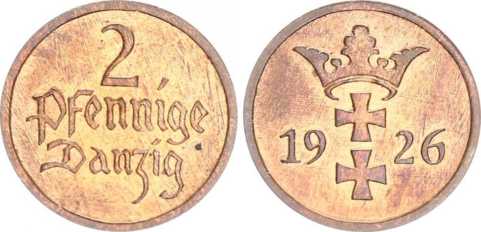 Polen / Danzig 2 Pfennig 1926 prägefrisch,Kupferpatina | MA-Shops