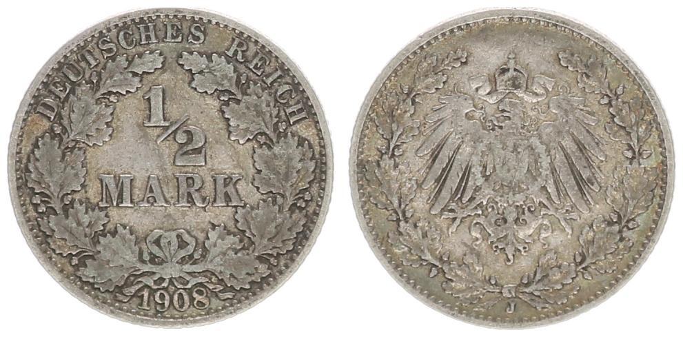 Kaiserreich Deutschland Deutsches Kaiserreich, 1/2 Mark Silber 1908 J ss | MA-Shops