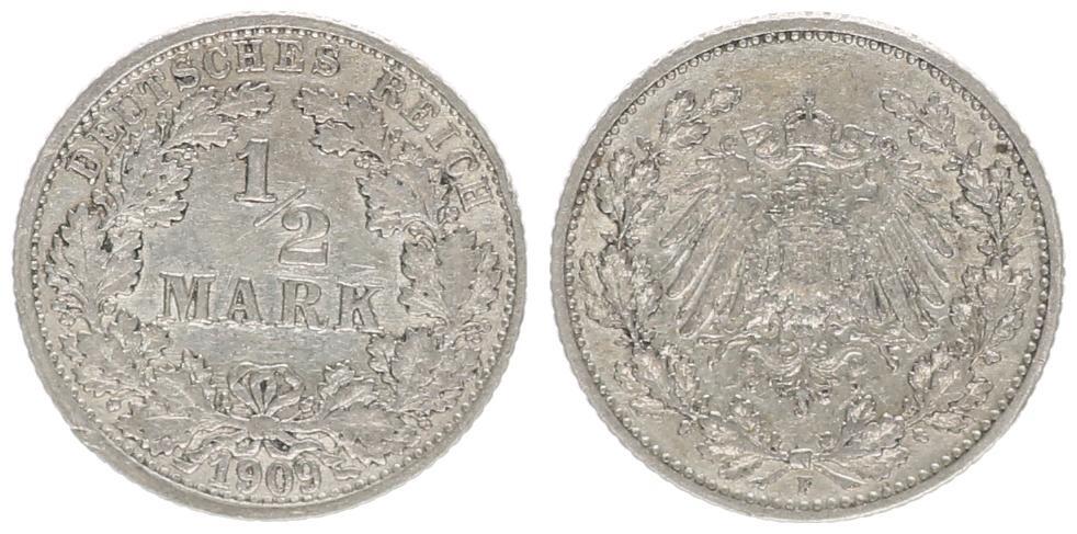 Kaiserreich Deutschland Deutsches Kaiserreich, 1/2 Mark Silber 1909 F ss-vz | MA-Shops