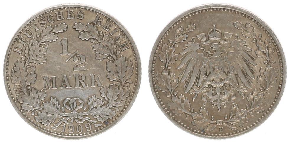 Kaiserreich Deutschland Deutsches Kaiserreich, 1/2 Mark Silber 1909 E ss+ | MA-Shops