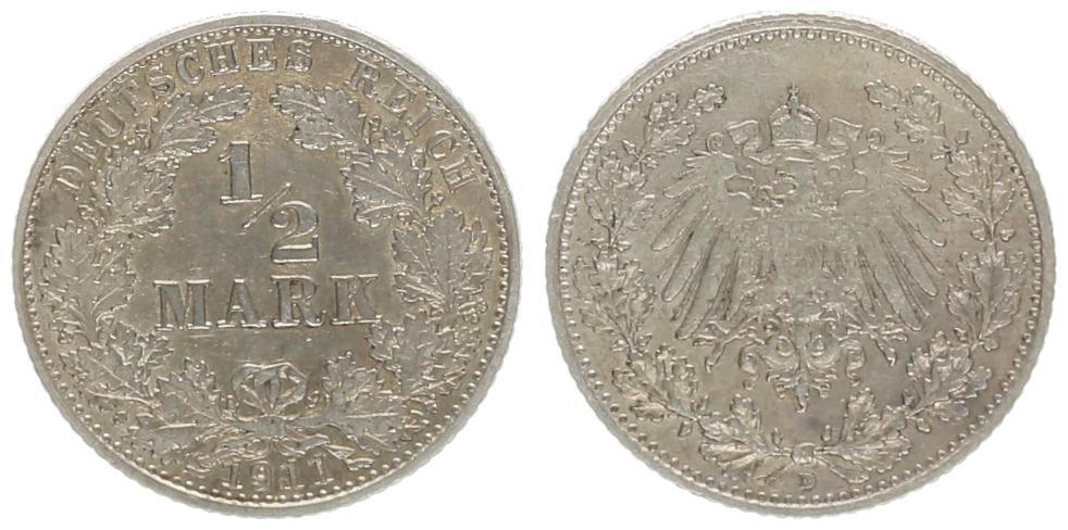 Kaiserreich Deutschland Deutsches Kaiserreich, 1/2 Mark Silber 1911 D vz | MA-Shops