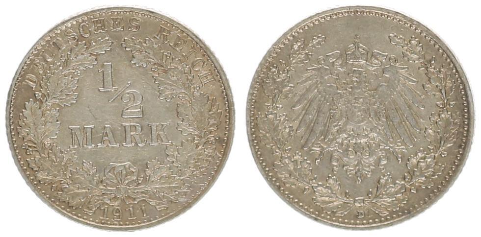 Kaiserreich Deutschland Deutsches Kaiserreich, 1/2 Mark Silber 1911 D vz | MA-Shops