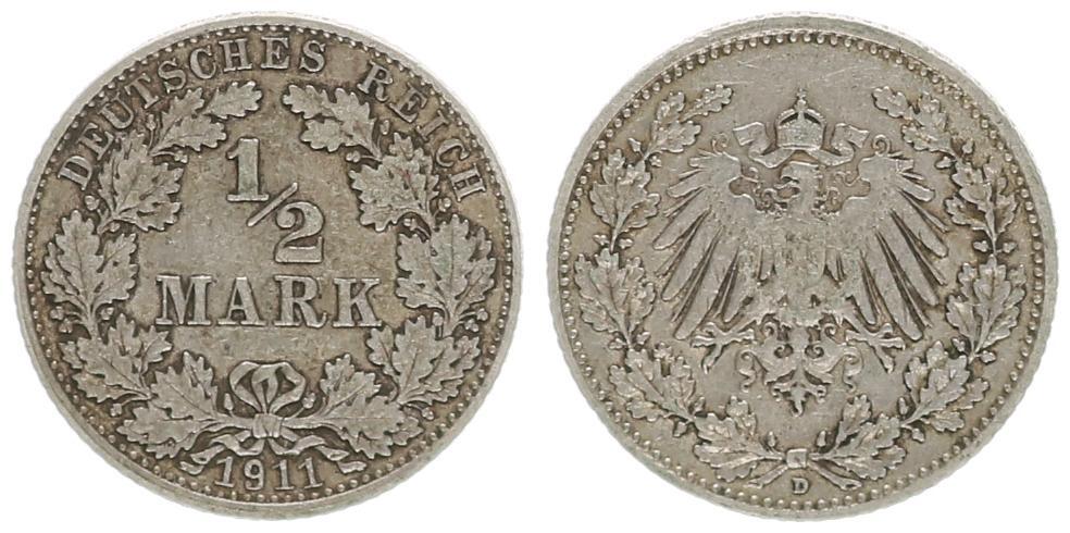 Kaiserreich Deutschland Deutsches Kaiserreich, 1/2 Mark Silber 1911 D ss | MA-Shops