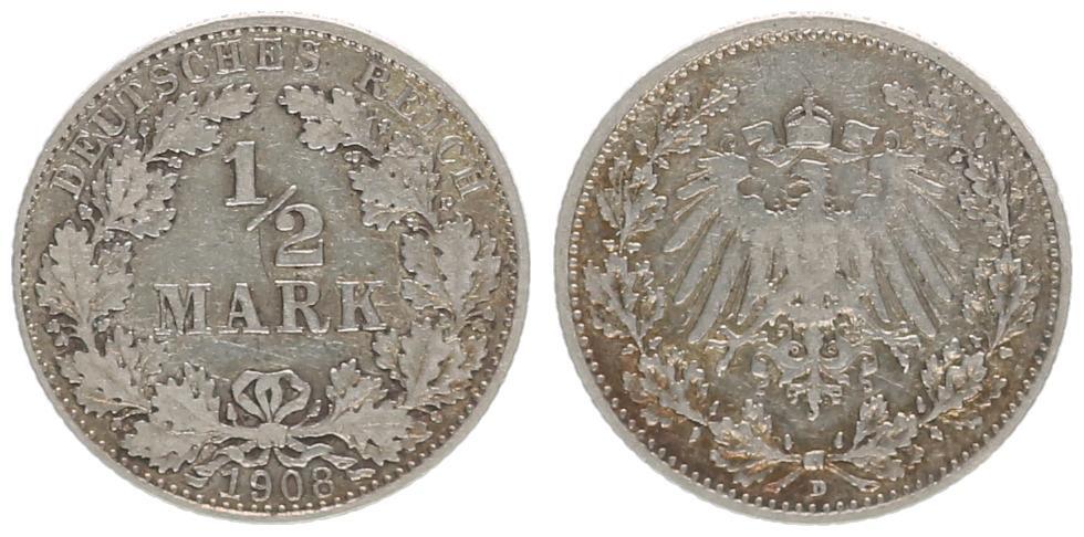 Kaiserreich Deutschland Deutsches Kaiserreich, 1/2 Mark Silber 1908 D ss | MA-Shops
