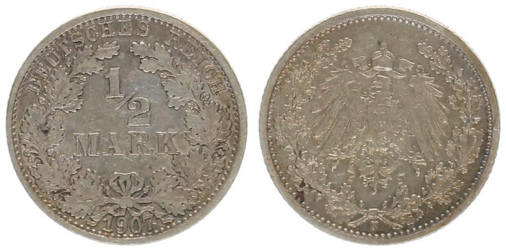 Kaiserreich Deutschland Deutsches Kaiserreich, 1/2 Mark Silber 1907 F ss+ | MA-Shops