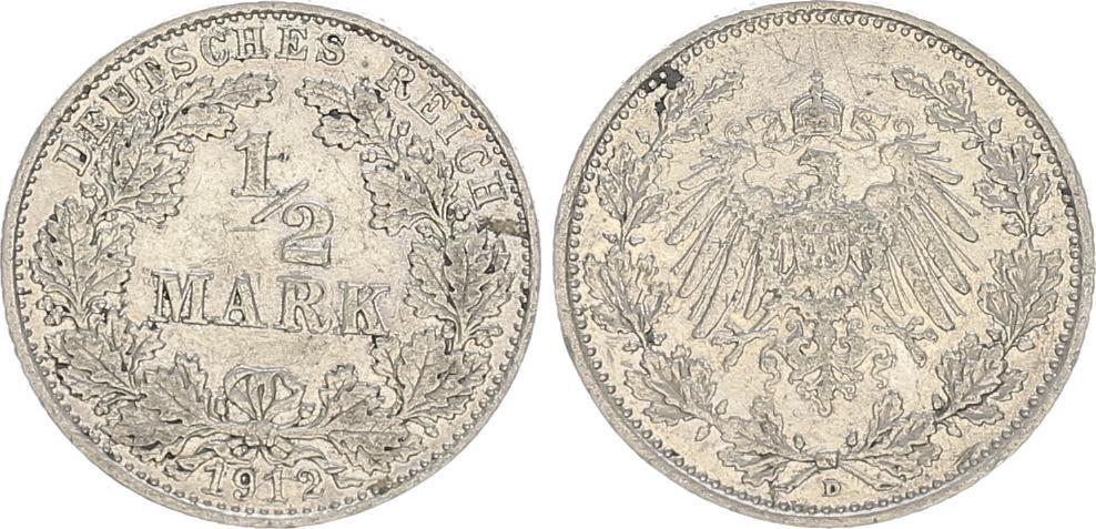 Kaiserreich Deutschland Deutsches Kaiserreich, 1/2 Mark Silber 1912 D ss-vz | MA-Shops
