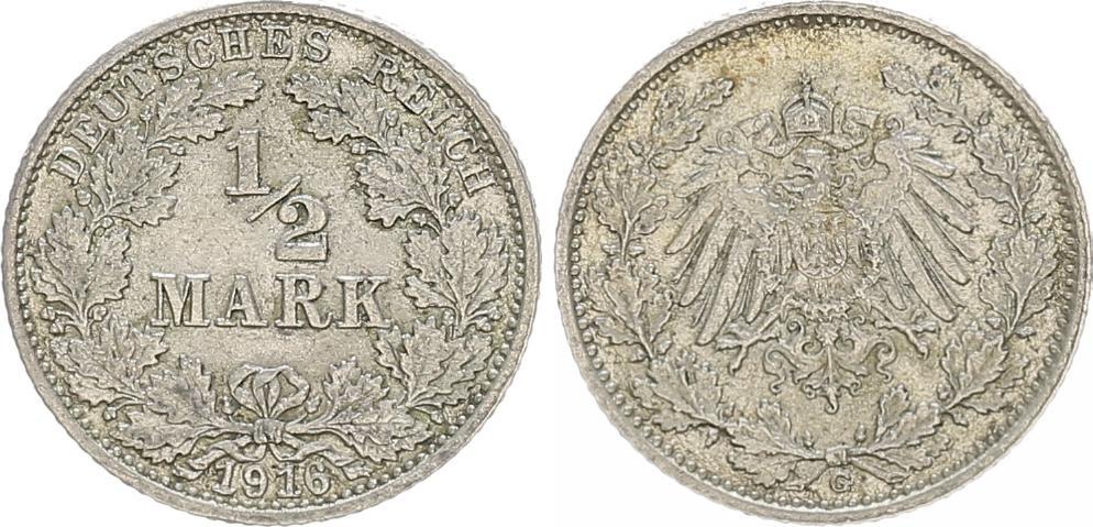 Kaiserreich Deutschland Deutsches Kaiserreich, 1/2 Mark Silber 1916 G vz | MA-Shops