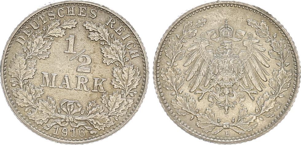 Kaiserreich Deutschland Deutsches Kaiserreich, 1/2 Mark Silber 1916 E prägefrisch | MA-Shops