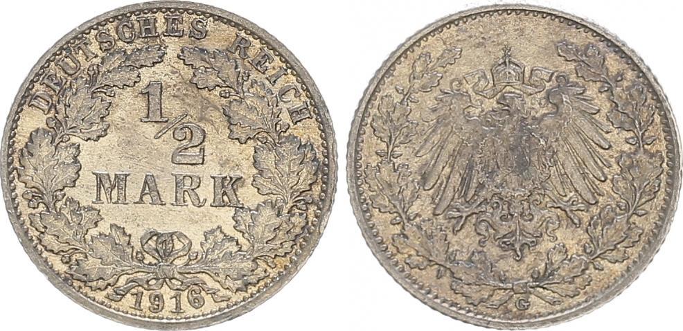 Kaiserreich Deutschland Deutsches Kaiserreich, 1/2 Mark Silber 1916 G vz+ hohe 6 | MA-Shops