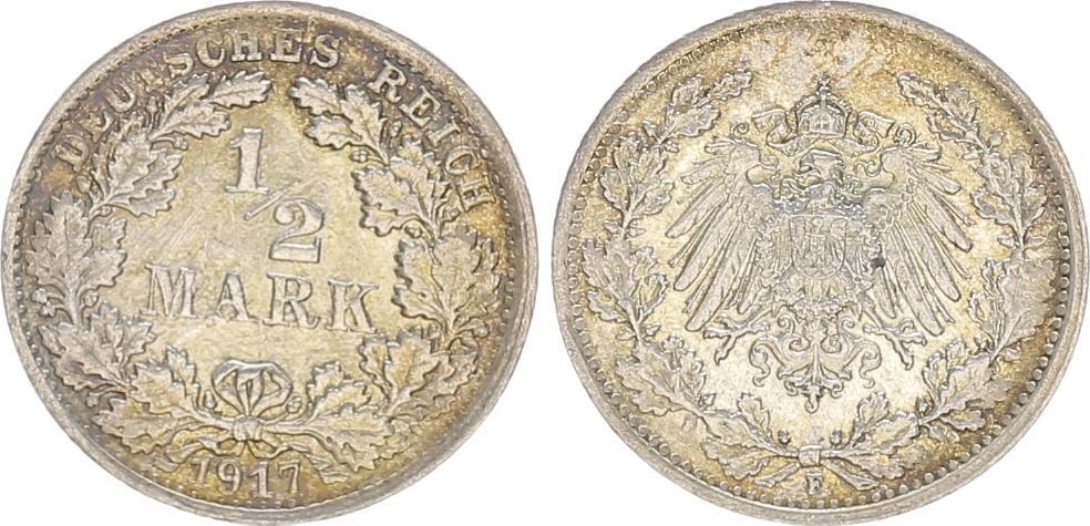 Kaiserreich Deutschland Deutsches Kaiserreich, 1/2 Mark Silber 1917 F prägefrisch | MA-Shops