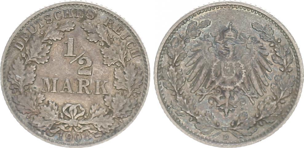Kaiserreich Deutschland Deutsches Kaiserreich, 1/2 Mark Silber 1908 D ss+ | MA-Shops