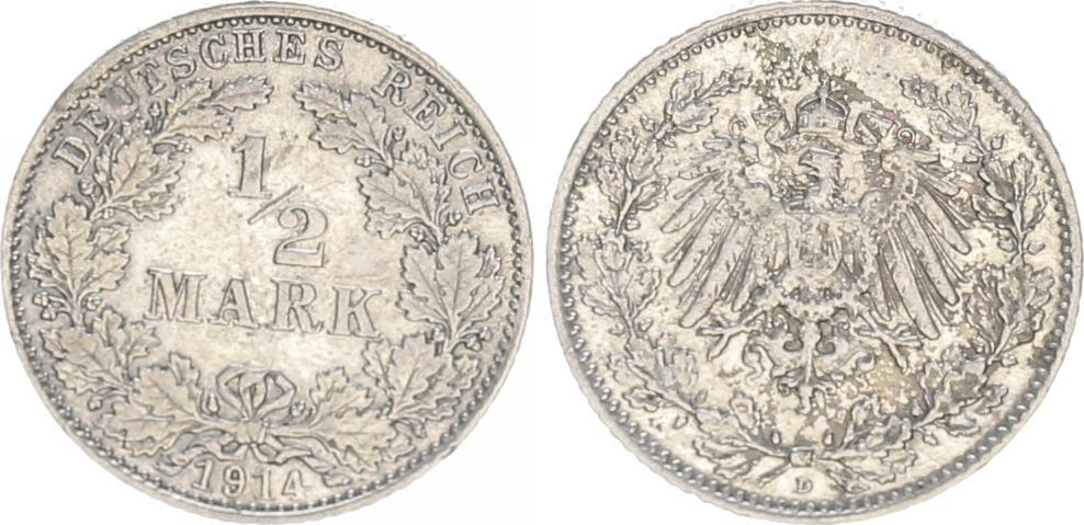Kaiserreich Deutschland Deutsches Kaiserreich, 1/2 Mark Silber 1914 D ss+-vz | MA-Shops
