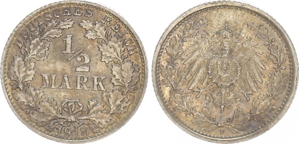 Kaiserreich Deutschland Deutsches Kaiserreich, 1/2 Mark Silber 1918 F prägefrisch | MA-Shops