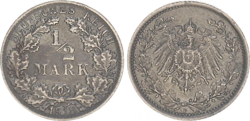 Kaiserreich Deutschland Deutsches Kaiserreich, 1/2 Mark Silber 1918 F vz-schwarz offene 8 | MA-Shops