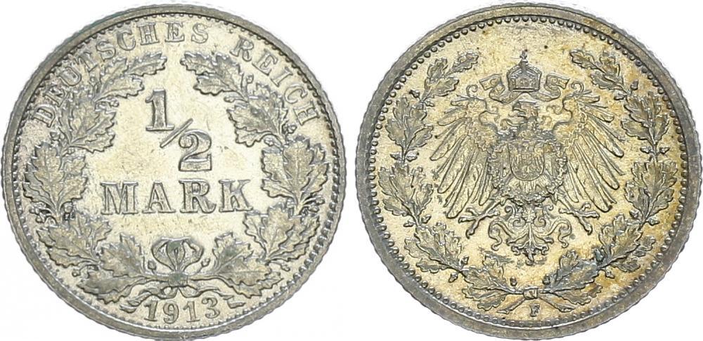 Kaiserreich Deutschland Deutsches Kaiserreich 1/2 Mark Silber 1913 F vz-st | MA-Shops