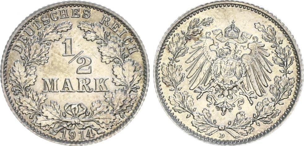 Kaiserreich Deutschland Deutsches Kaiserreich, 1/2 Mark Silber 1914 D vz-st | MA-Shops
