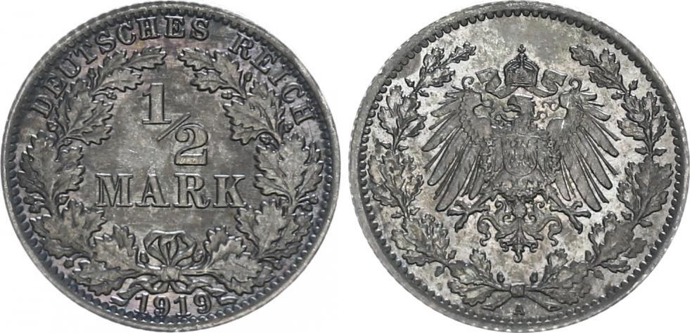 Kaiserreich 1/2 Mark Silber 1919 A prfr. prägefrisch | MA-Shops