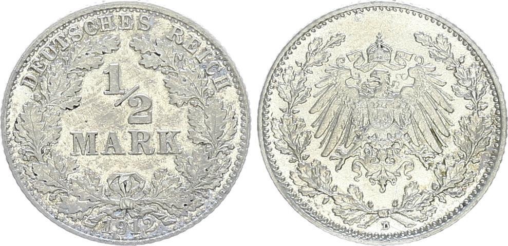Kaiserreich Deutschland Deutsches Kaiserreich, 1/2 Mark Silber 1912 D vz-prfr. | MA-Shops