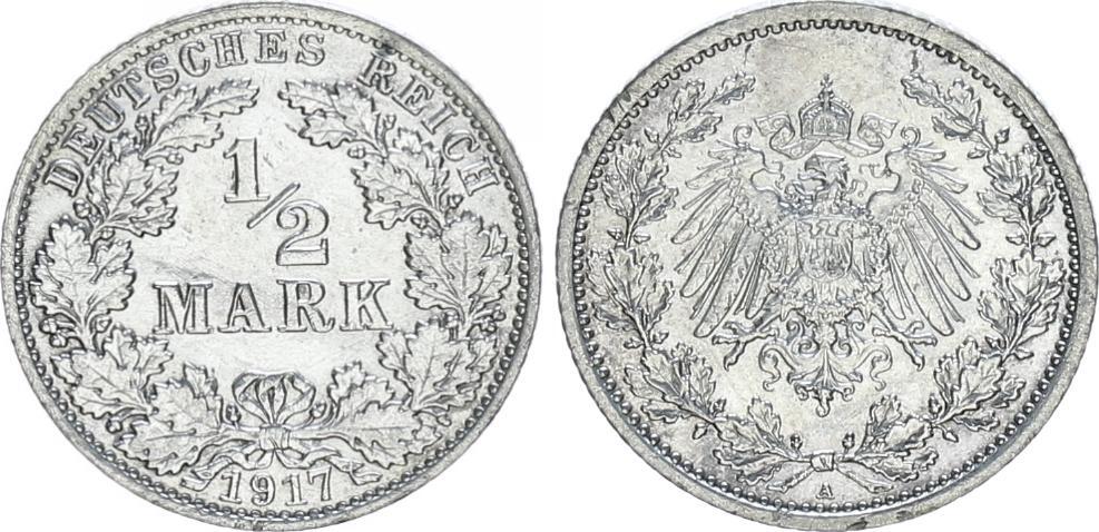 Deutschland / Kaiserreich 1/2 Mark Reichsmark Deutsches Kaiserreich 1/2 Mark Kursmünze 1917 A ...
