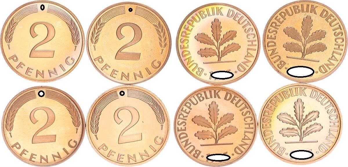 Deutschland 1990 DFGJ 2 Pfennig 1990 D,F,G,J 4 Münzen komplett PP ...