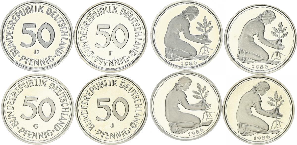 Deutschland 1986 DFGJ 50 Pfennig 1986 D,F,G,J 4 Münzen komplett PP ...