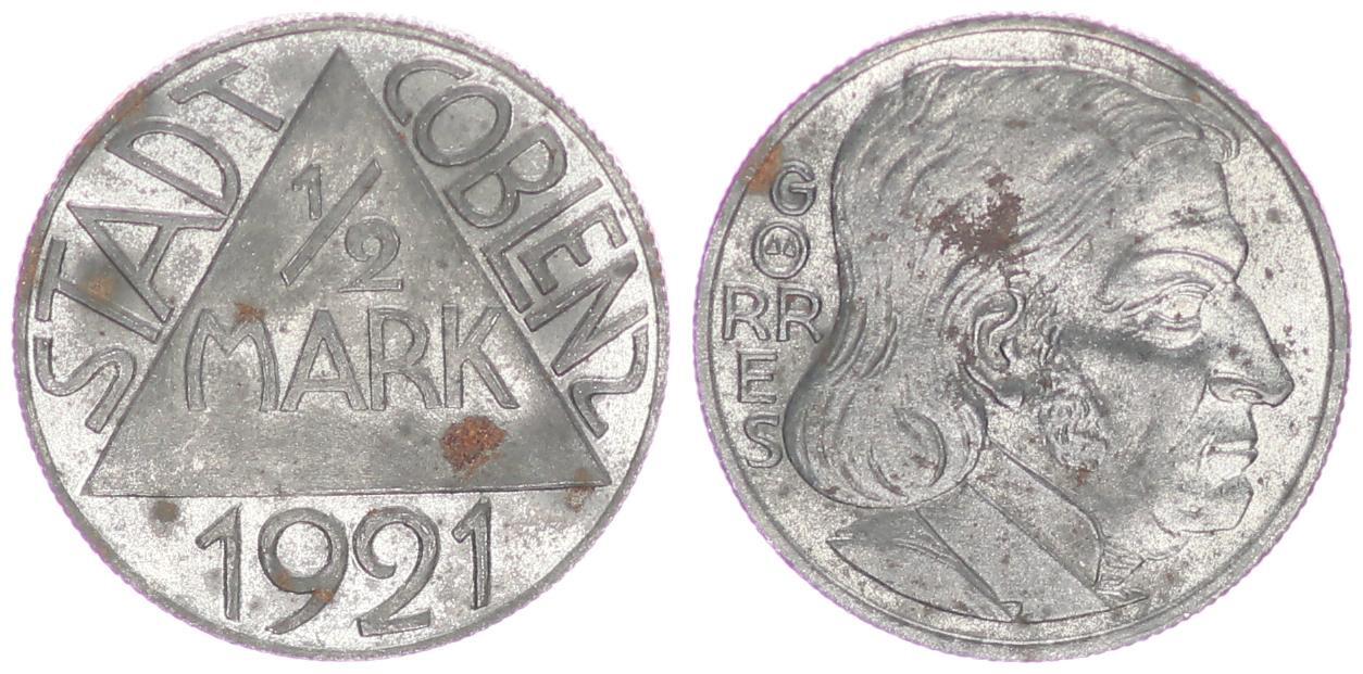 Deutschland Coblenz 1/2 Mark 1921 vz, kl. Flecken | MA-Shops