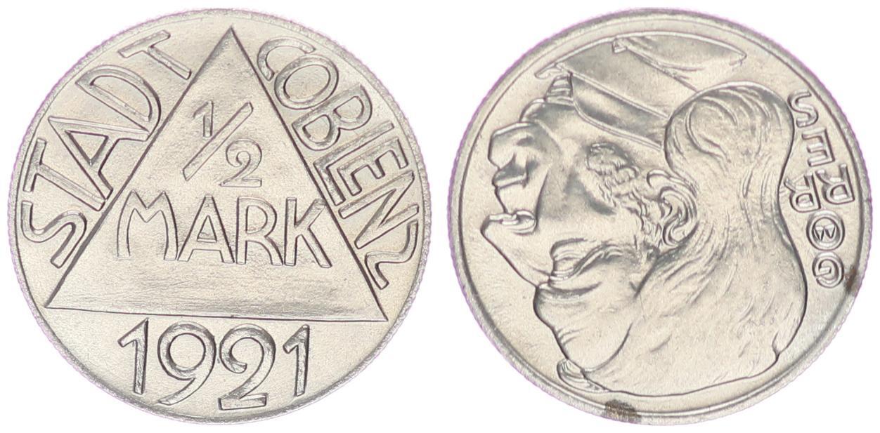 Deutschland Coblenz 1/2 Mark 1921 vz, kl. Fleck | MA-Shops