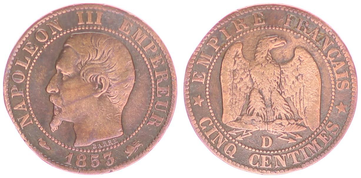 Frankreich 5 Centimes 1853 D Napoleon III., Lille ss+ | MA-Shops